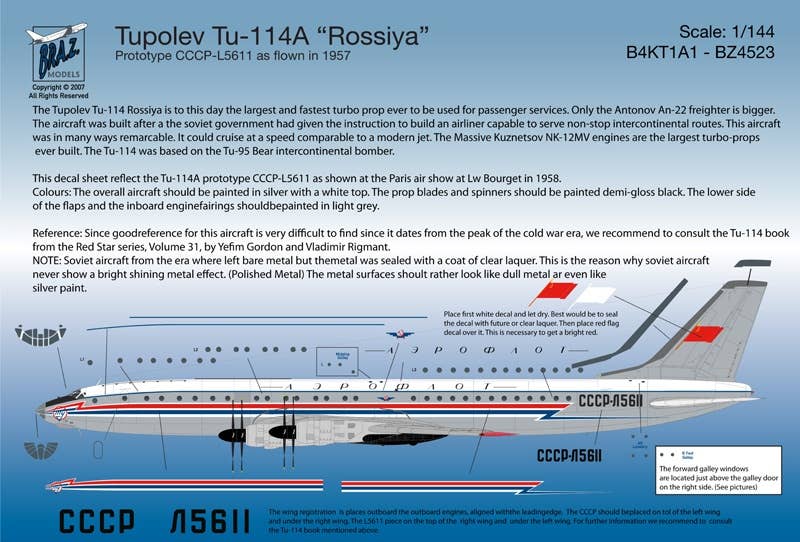 Tu-114 Conversion Set (Prototype Scheme Silk Printed Decals) (for ...
