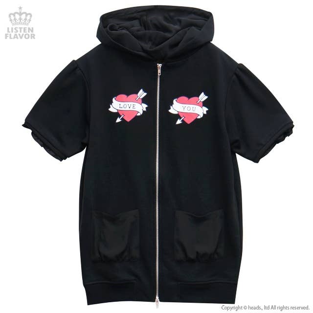 Love Heart Short Sleeve Cat Ears Zip Up Hoodie Black | HLJ.com